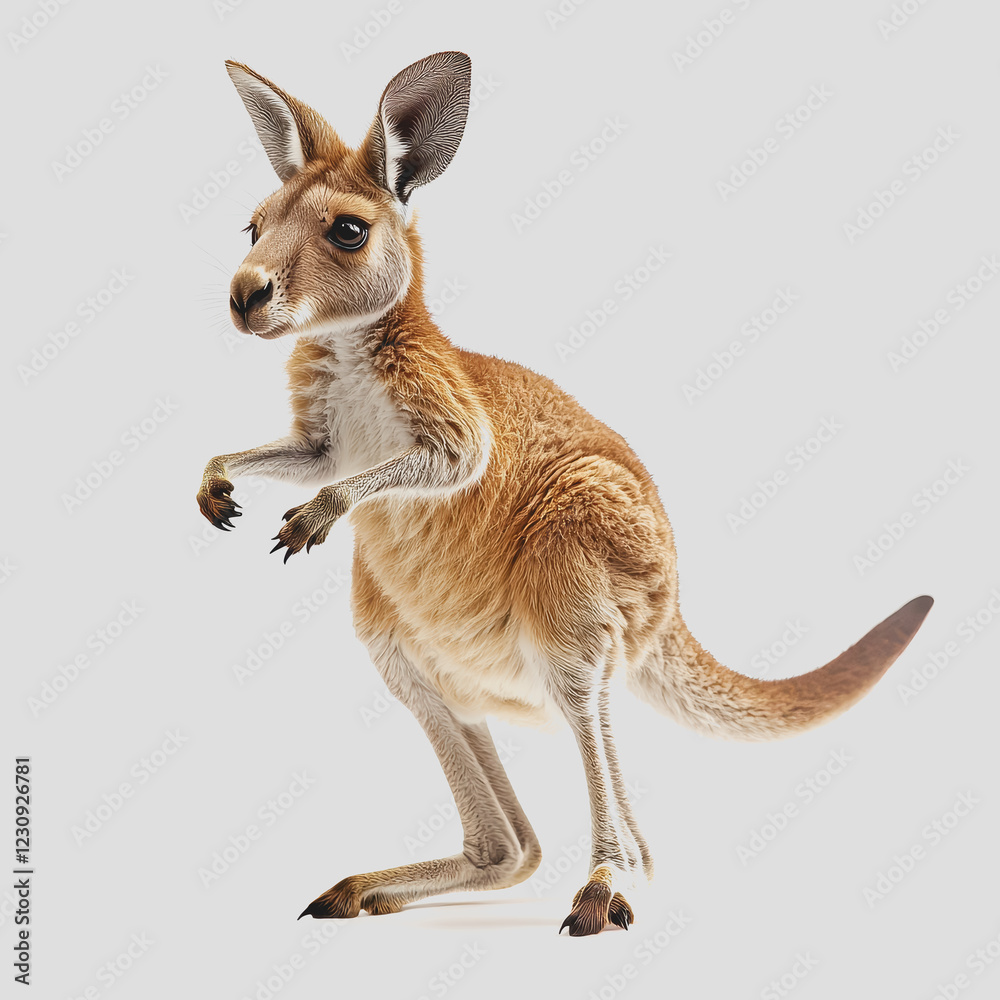 Kangaroo standing upright on its hind legs in a natural outdoor setting ...