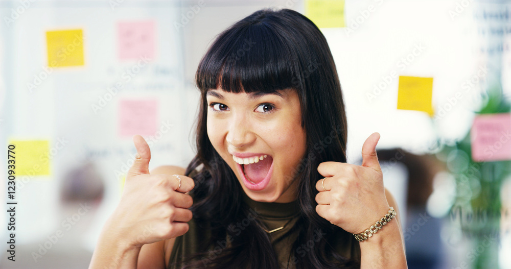 Thumbs up, happy and portrait of business woman in office with hand ...