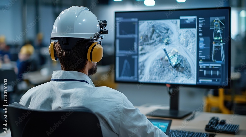 Back view of an engineer monitoring a remote-controlled drilling ...