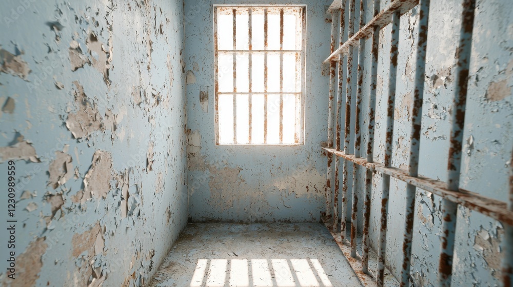 Isolation facility in jail. Abandoned jail cell with peeling paint and barred window. Stock ...