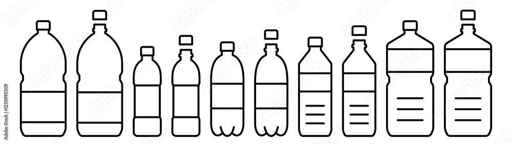 Plastic bottles icon set. Black color outline icon on white background ...