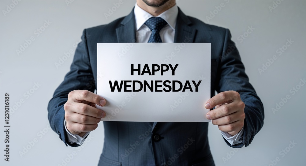 happy Wednesday text on plain white paper in hand on guy on formal suit ...