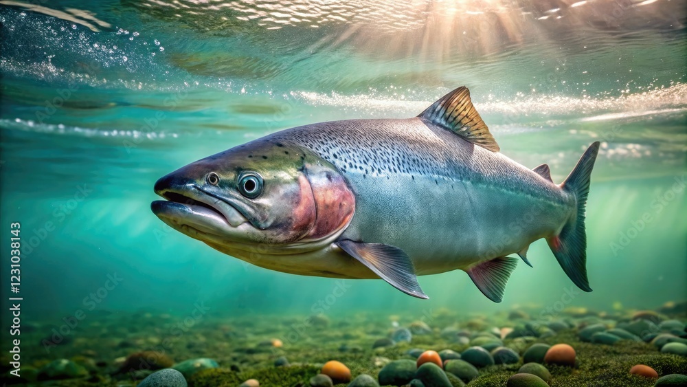 Salmon swimming near the surface of the water with a thin layer of ...