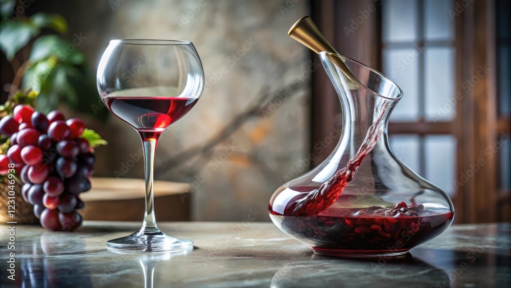 slow motion of wine flowing from a bottle into a ornate carafe on a ...