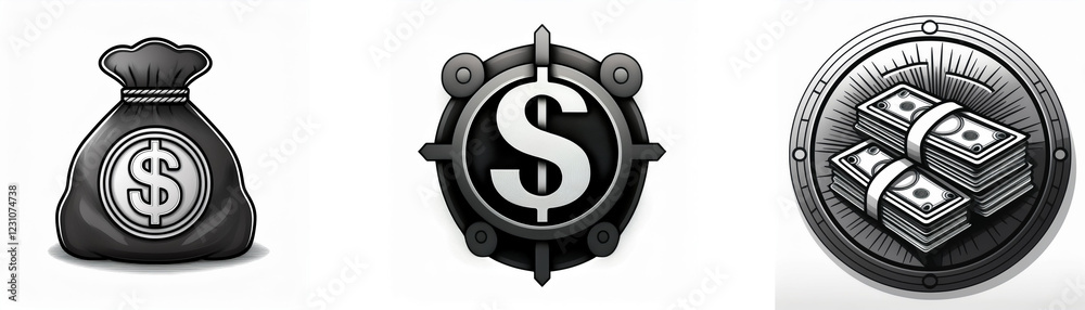 Three grayscale icons depict money: a money bag, a dollar sign in a ...