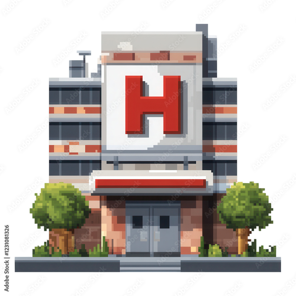 Pixel art hospital icon featuring prominent H sign, ideal for medical ...