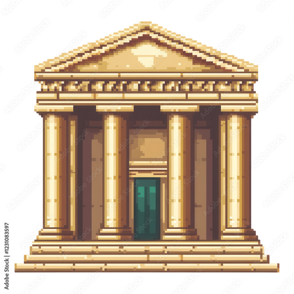 Pixel art bank building icon, featuring classic pillars, ideal for ...