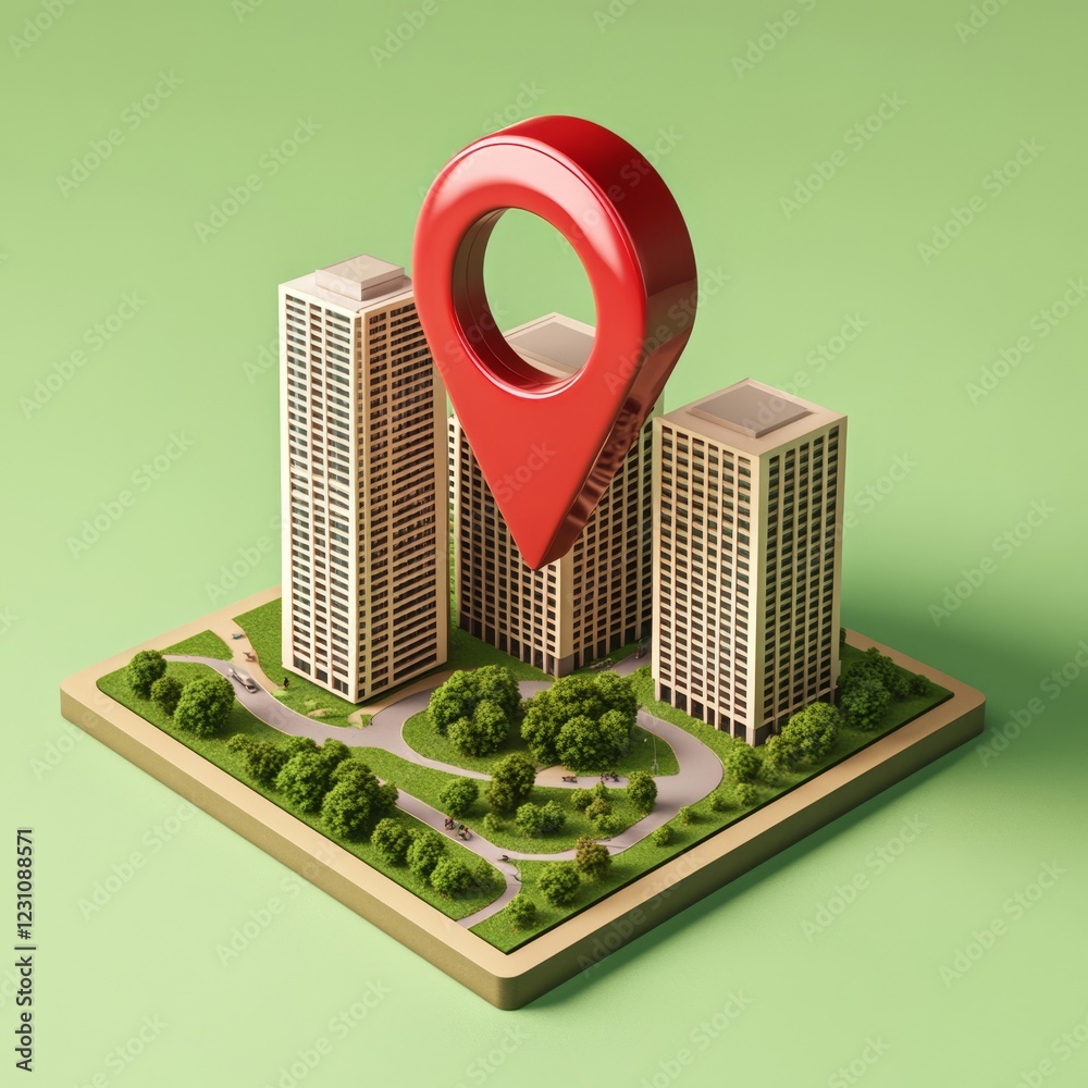 Red marker pinpoints location of two apartment buildings on a miniature ...
