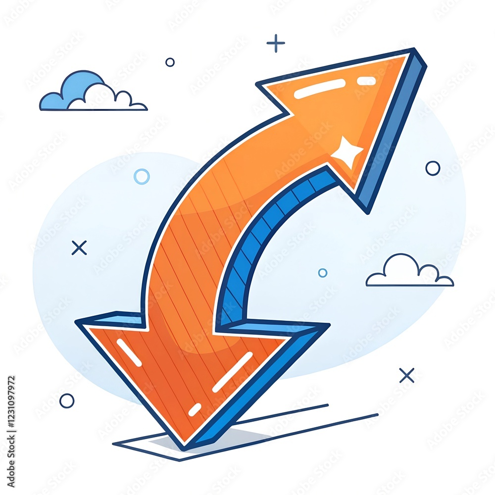 Cartoon arrow, curvy shape, orange color, blue outline, playful design ...