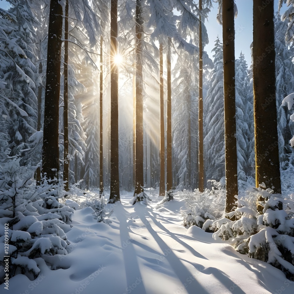 Un paraíso invernal, bosques densos, nieve virgen, rayos dorados. Stock ...