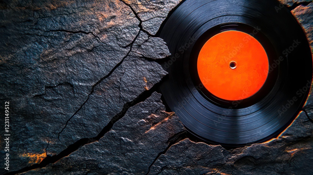 Artistic representation of a cracked vinyl record with an orange label ...