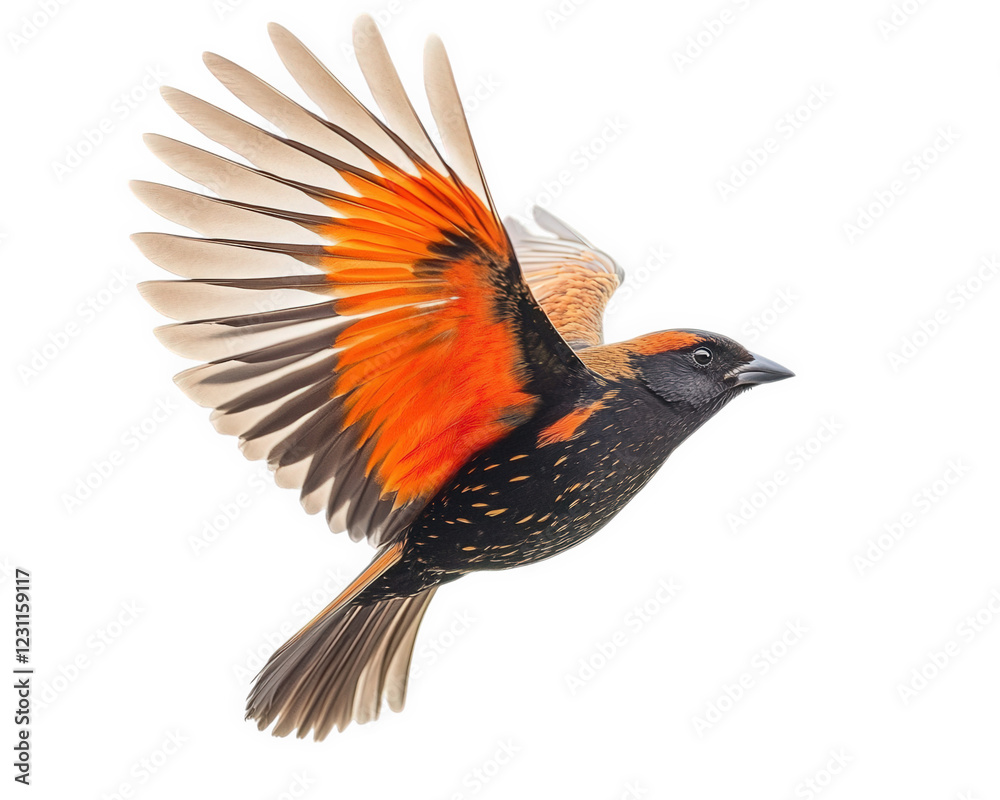 bird with vibrant orange and black feathers is captured mid flight ...