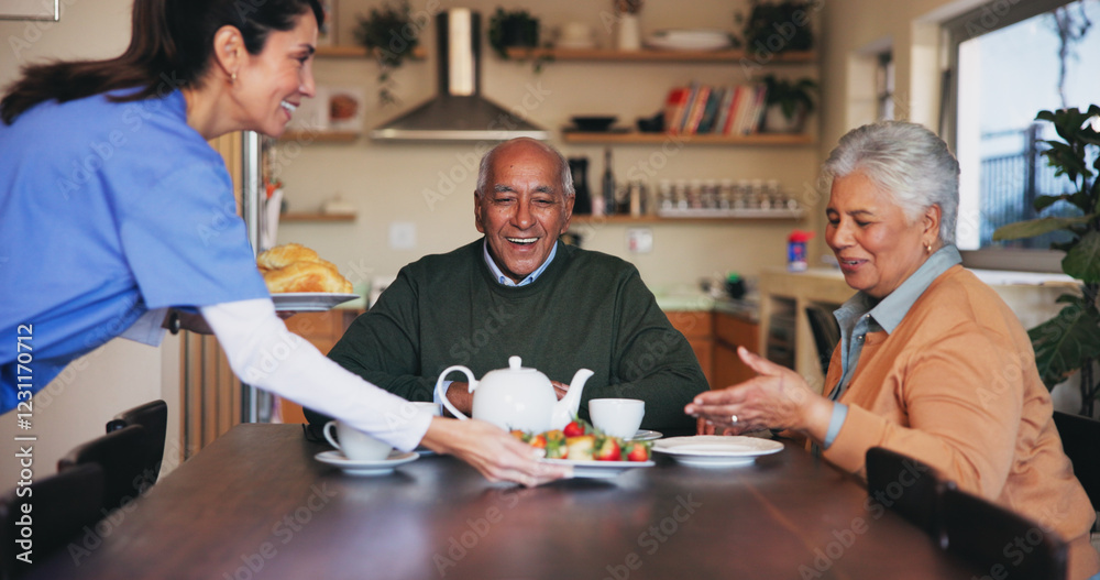 Elderly couple, caregiver and happy in home with breakfast, service and ...