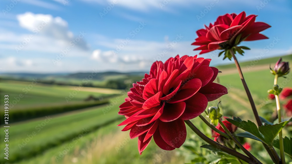 Vibrant Red Dahlias in Bloom Against a Lush Green Field & Blue Sky ...