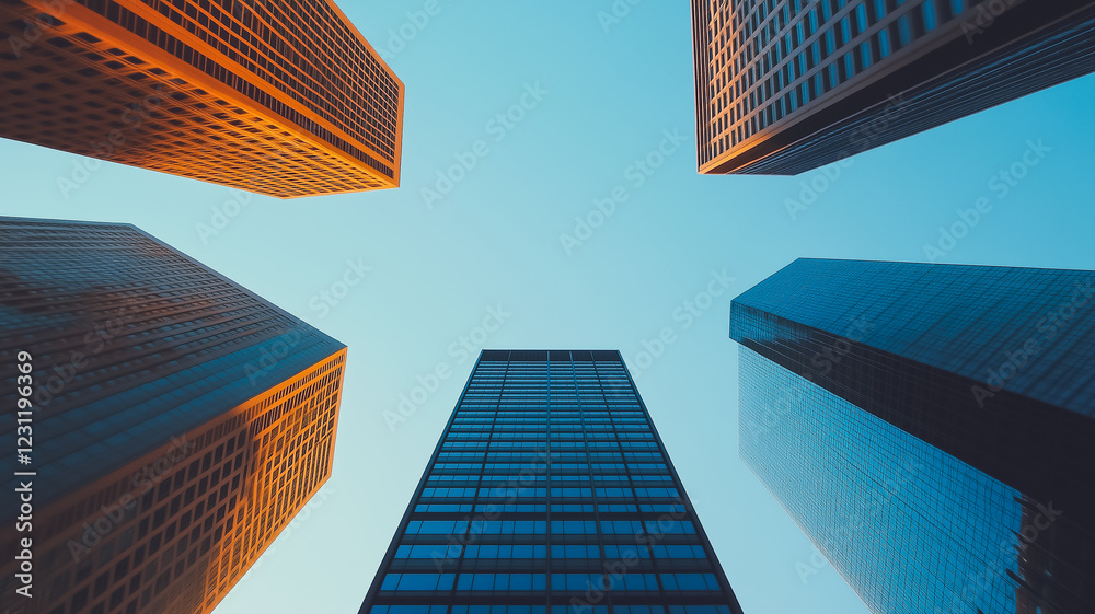 Urban Skyline Perspective: A low angle view captures the towering ...