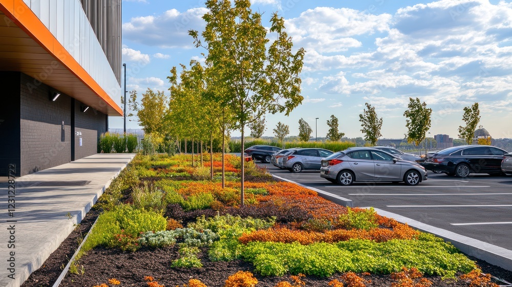 Rooftop green parking area featuring planters and eco-friendly spaces ...