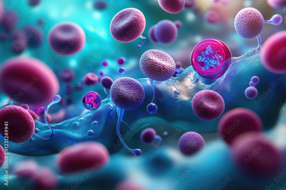 Oxygen exchange process of blood cells in a vessel illustration for ...