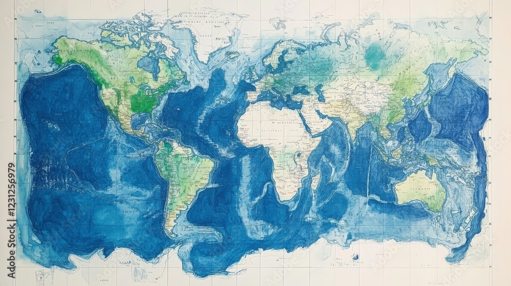 23.A vibrant illustrated map of the world with vivid blues for oceans ...