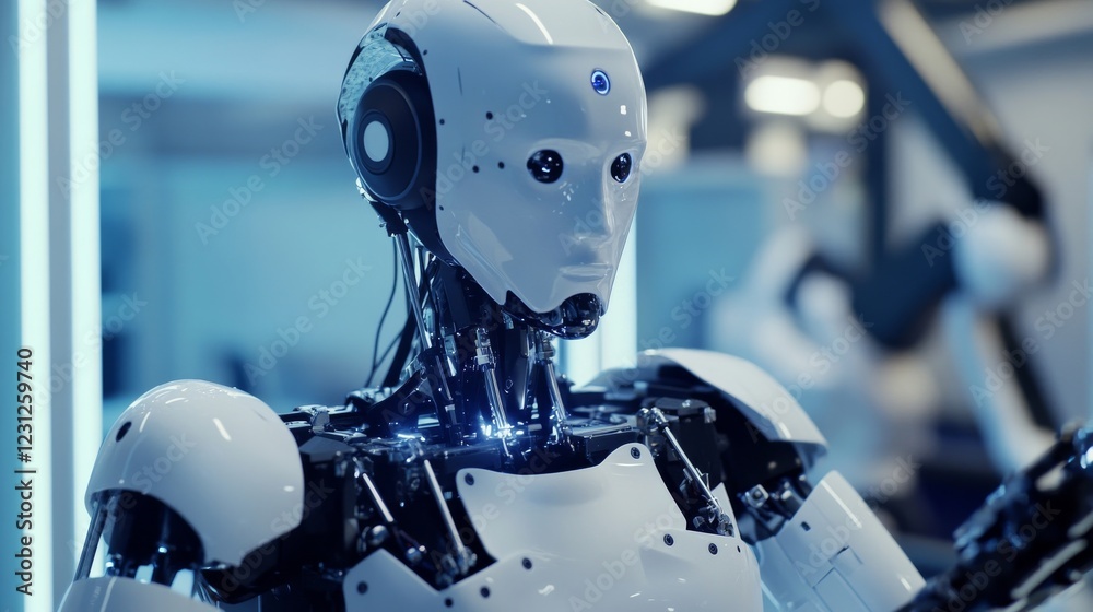 An advanced humanoid robot assembly workshop, industrial scene with ...