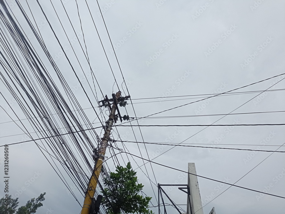 Display of power cables and internet network cables attached to ...
