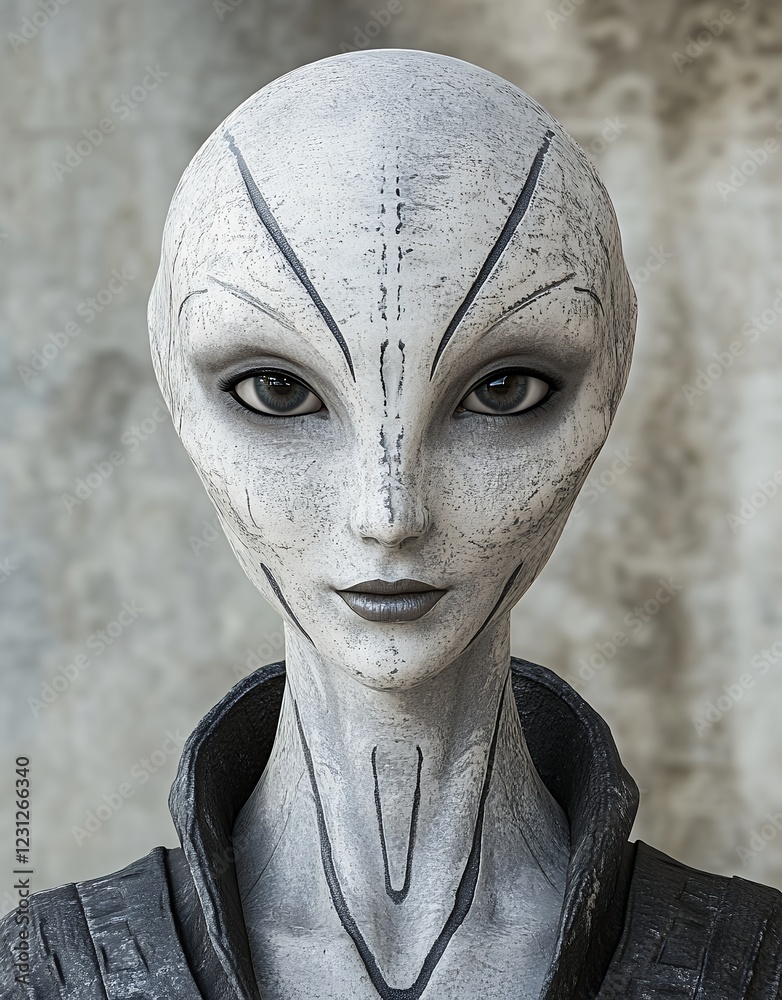 Pale Gray Alien Portrait with Dark Eyes and Subtle Facial Markings ...