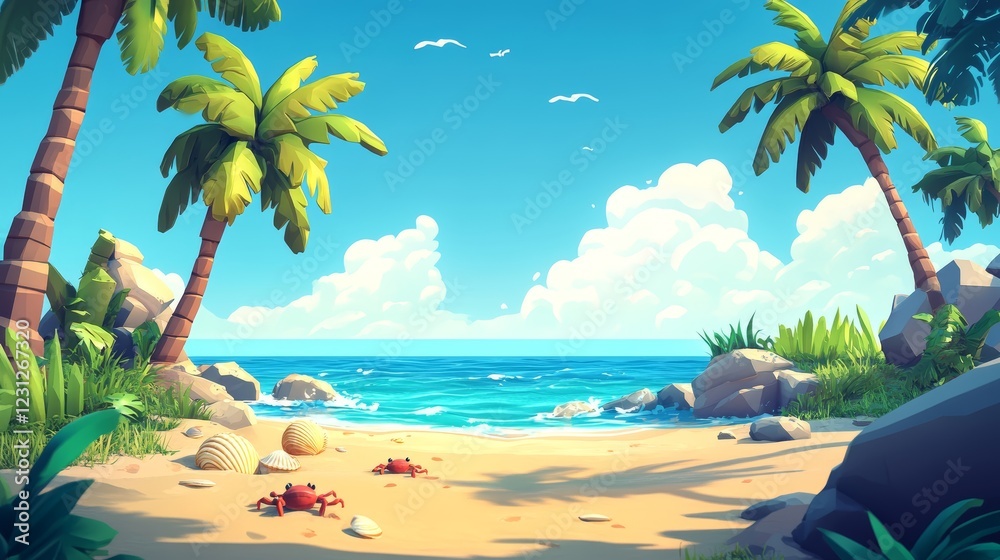 Cartoon Tropical Beach Scene Idyllic Island Paradise with Palm Trees ...