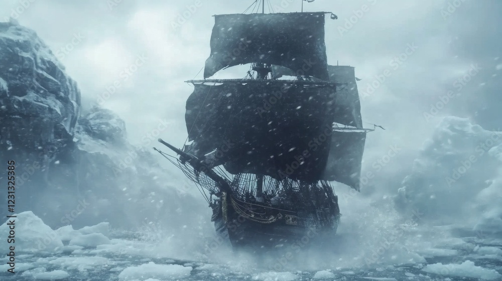 a badass hyper realistic pirate ship voyaging through icey water ...