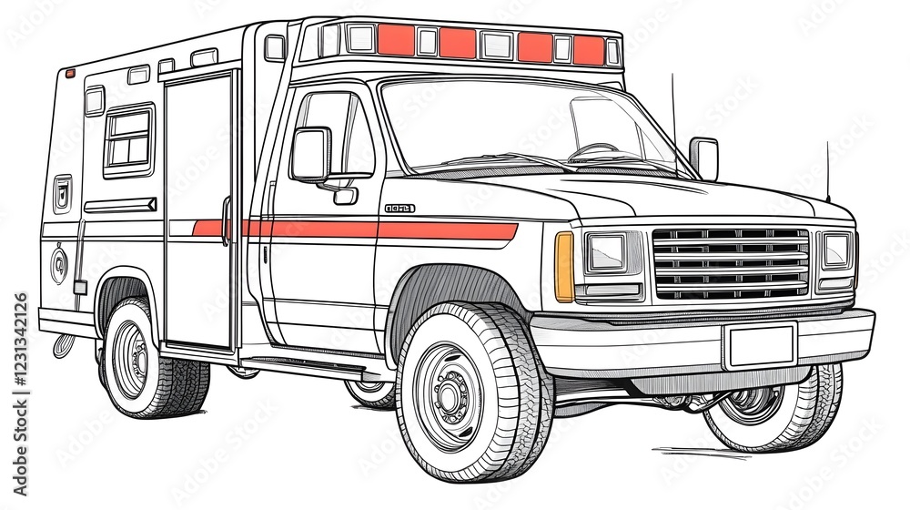 Professional Emergency Medical Rescue Vehicle Blank Line Drawing for ...