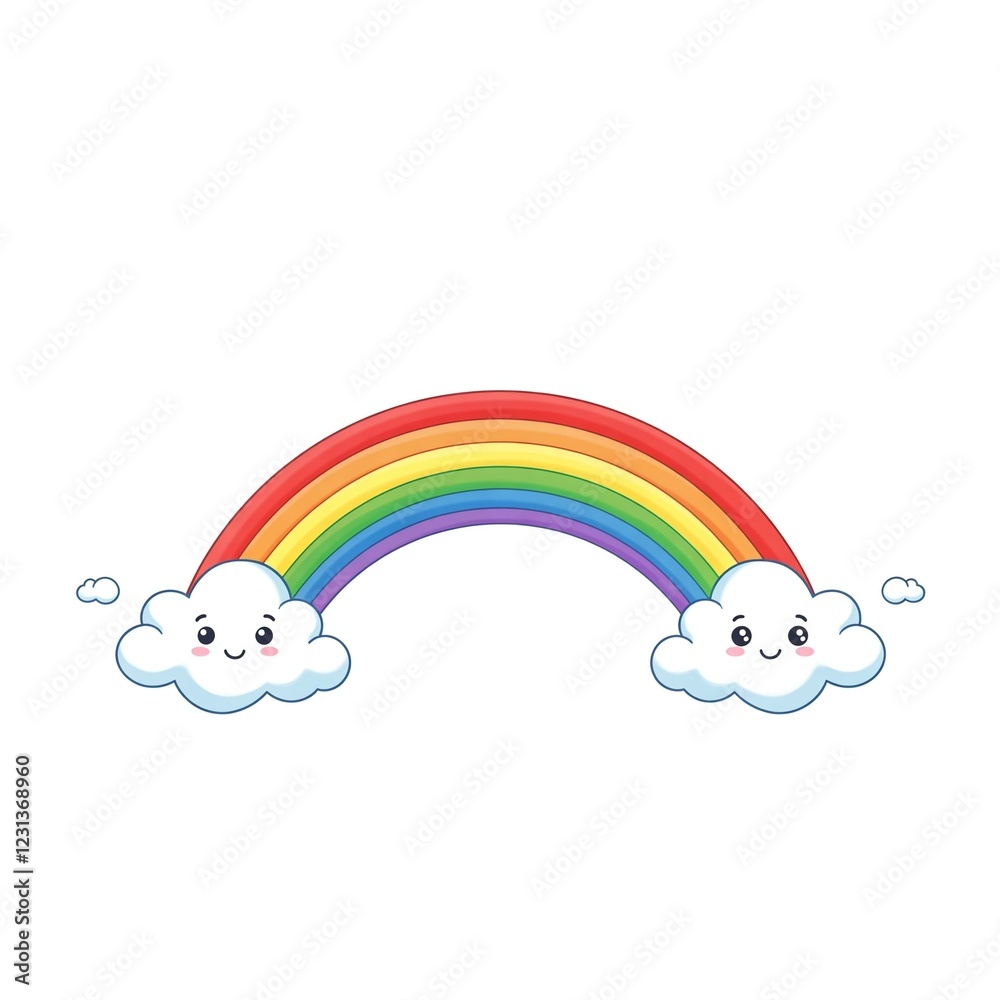 cute kawaii rainbow with smiling clouds cartoon illustration clipart ...
