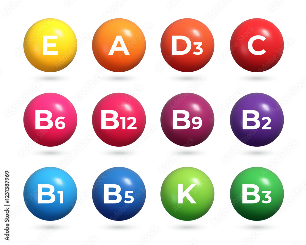 Multivitamin complex. Set of realistic 3d glossy balls with Vitamin ...