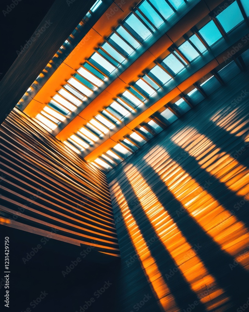 Sunlight streams through a modern glass ceiling, casting dramatic ...