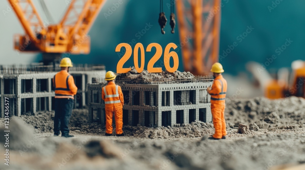 A miniature construction scene shows workers overseeing a project in ...