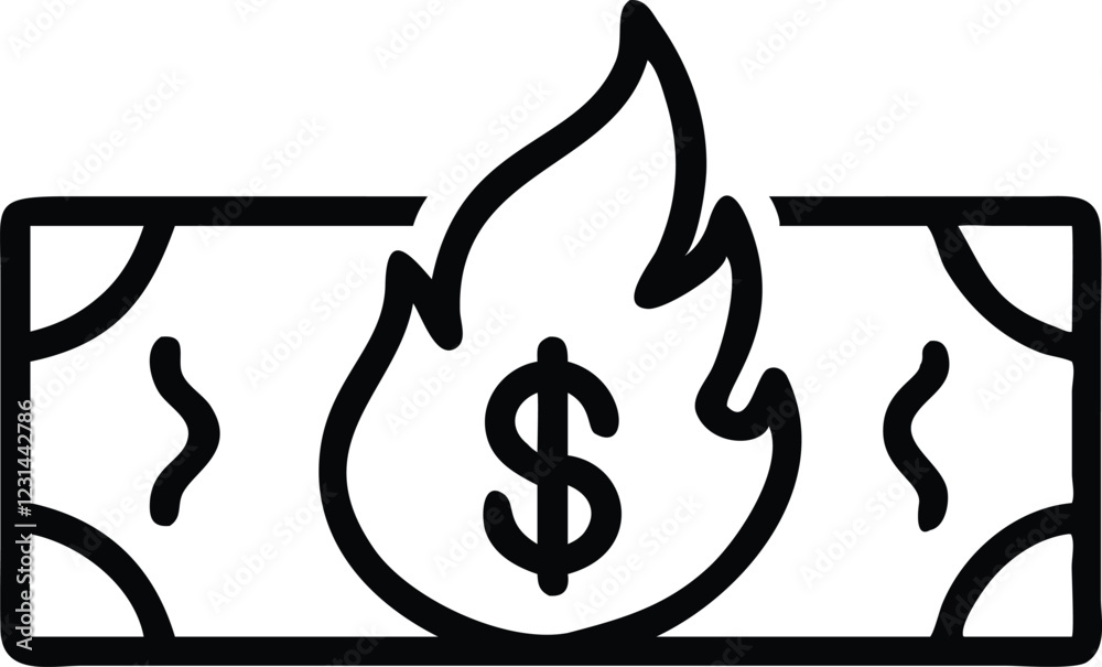 black and white icon, burning dollar bill, flame atop money, financial ...