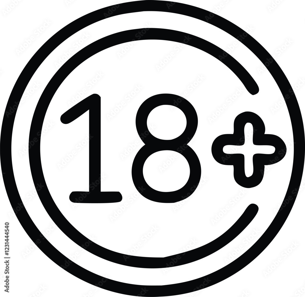 Minimalist icon design, black and white graphic, number 18, plus symbol ...
