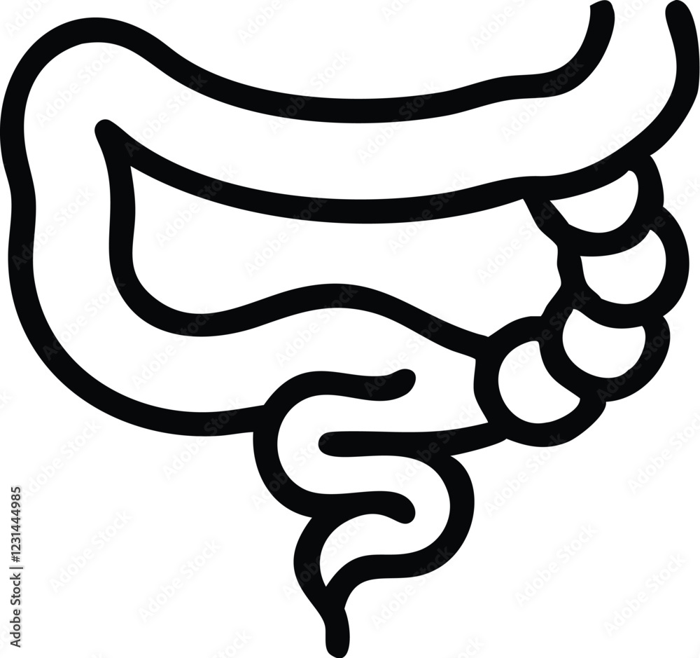 Line drawing, simplified intestine diagram, black and white, minimalist ...