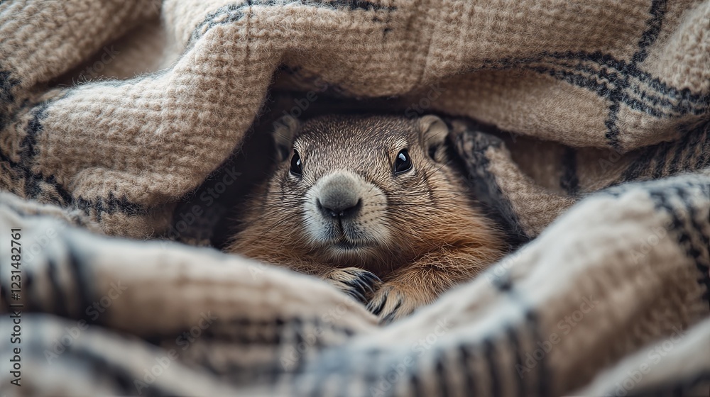 Groundhog tucked into a blanket fort, only its sleepy eyes peeking out ...