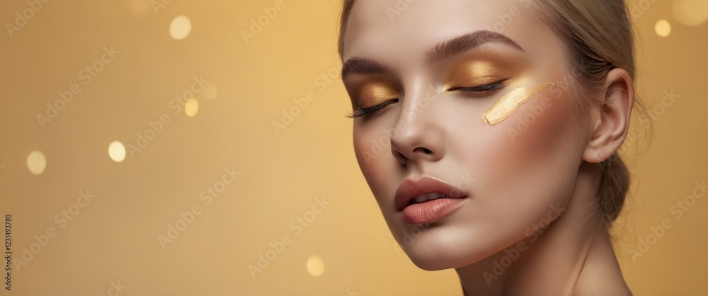 Golden hour glam: A woman with shimmering gold eye makeup and subtle ...