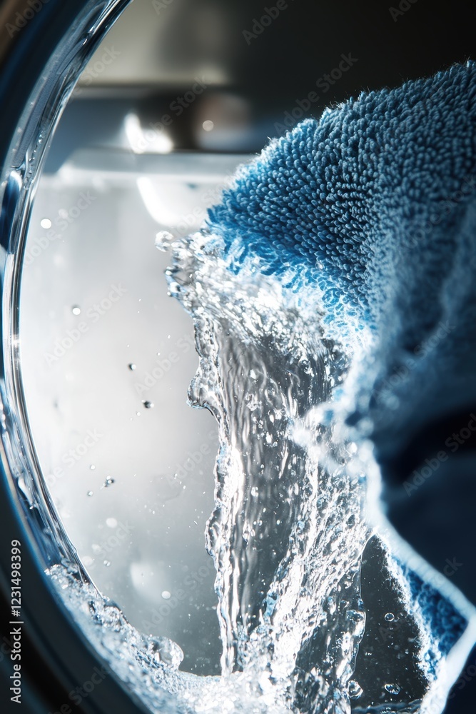 Washing machine cycle with water splashing and blue cloth, showcasing ...