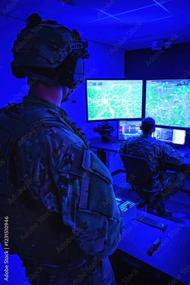 Military personnel monitoring maps and data on dual screens in a ...