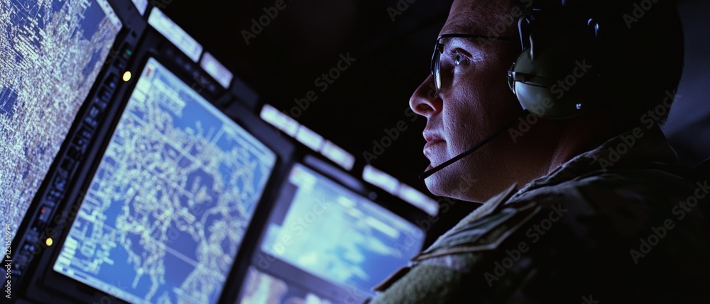 Military personnel monitoring screens in command center using ...