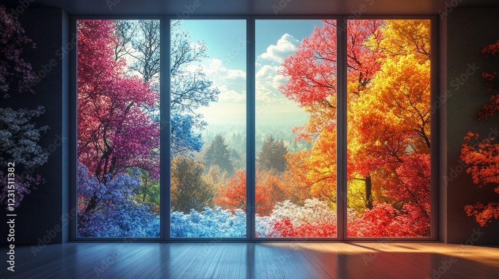 Inside a house, a window divided into four parts, with each section ...