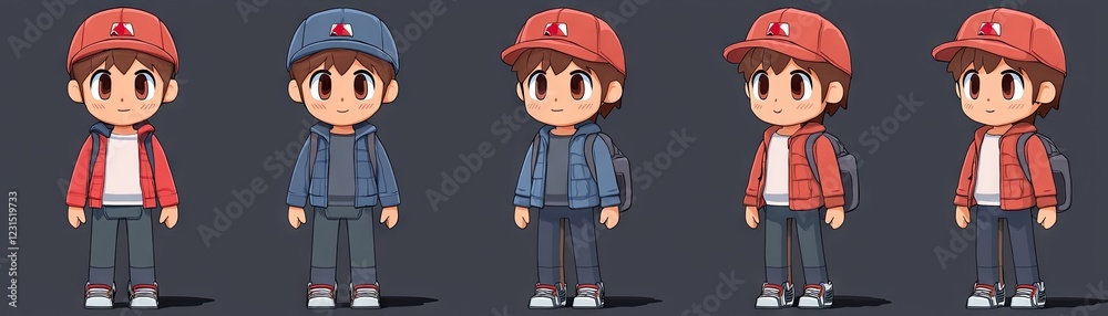 Boy character sprites, various outfits, game asset Stock Illustration ...