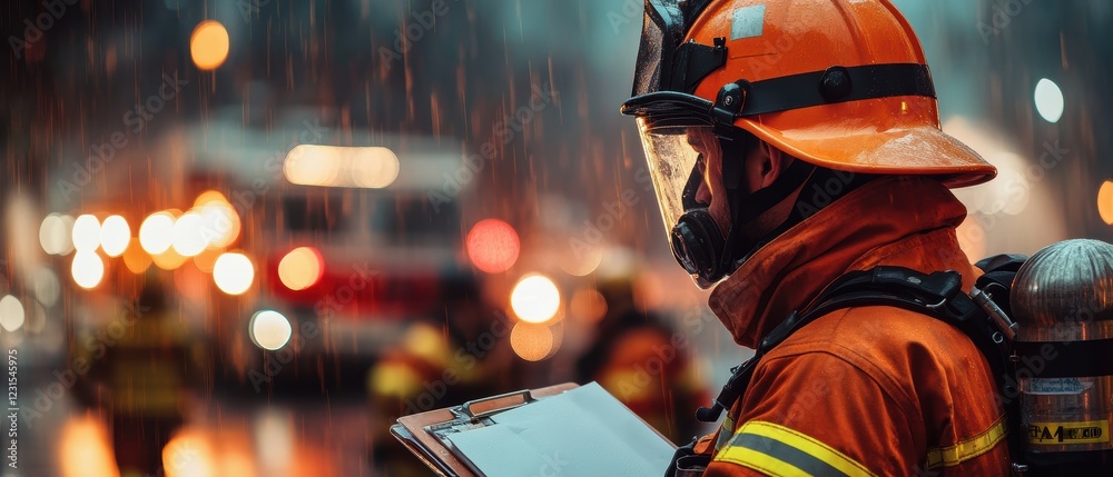 Firefighter, emergency response team assessing scene during heavy rain ...