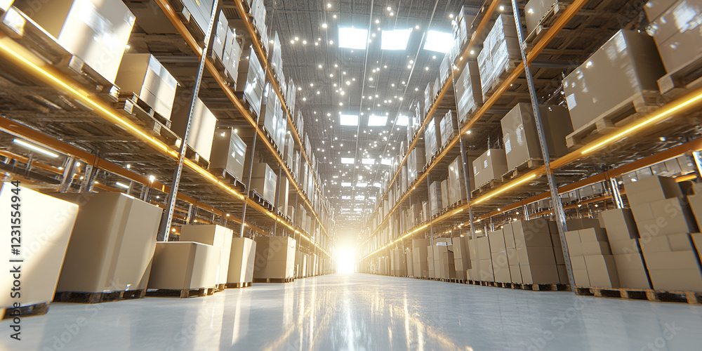 Warehouse Perspective: Sunlight streams through the end of a vast ...