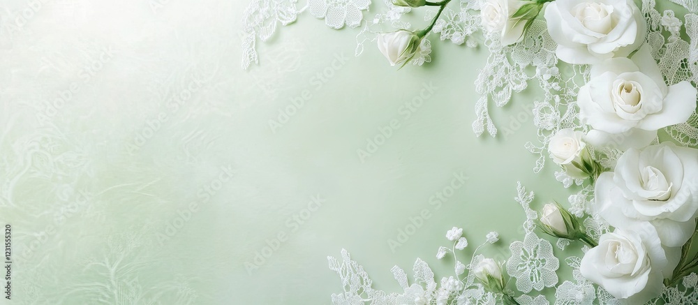 Light green wedding invitation design with lace and white roses on the ...