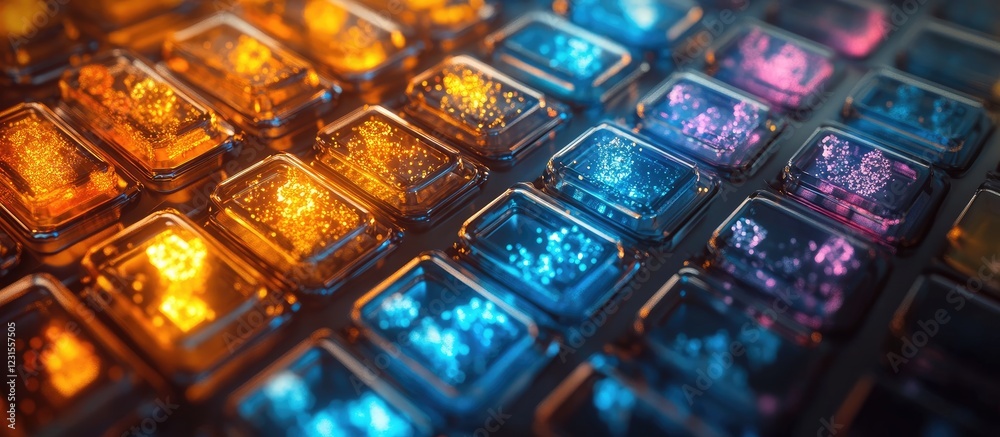 Vividly illuminated periodic table with glowing orange, blue, and ...