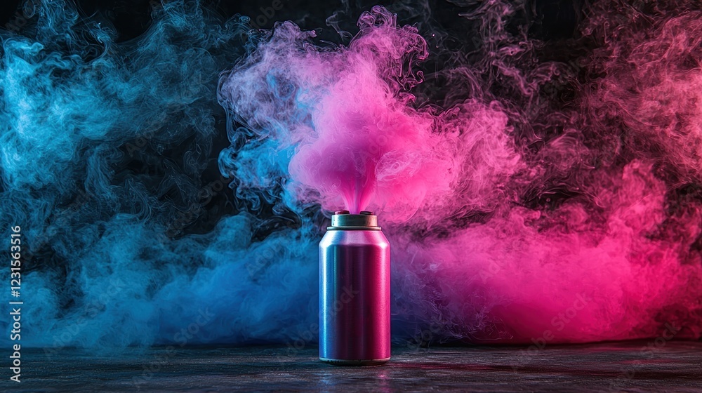 Can emits pink and blue smoke on a dark floor with smoke in background ...