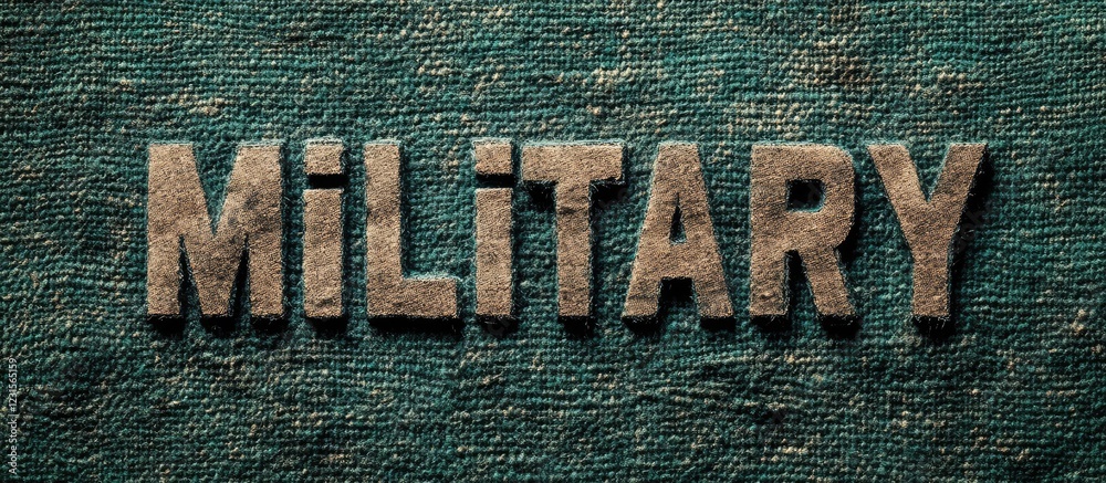 Textured green fabric background with bold military letters in rustic ...