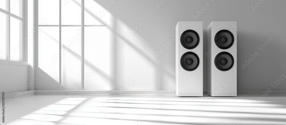 Sleek white speaker enclosures positioned in a minimalist room with ...