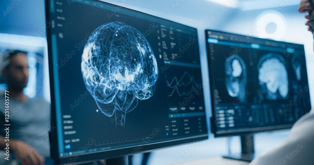 Medical Brain Scans on Multiple Computer Screens. Advanced Neuroimaging Technology Reveals ...